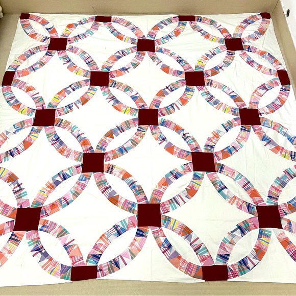 Handmade | Bedding | Double Wedding Ring Patchwork Cotton Quilt Toptopper Machine Pieced 86x86 ...
